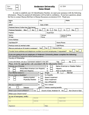 Fillable Online anderson AU IDNew Anderson University Change Data Sheet ...