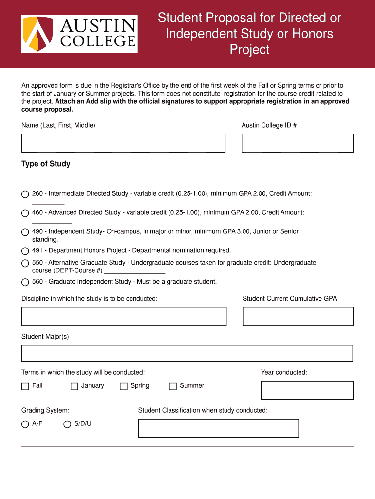 Fillable Online austincollege Student Proposal for Directed or Fax ...