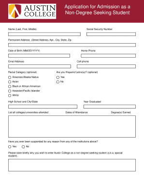 Fillable Online austincollege Application for Admission as a Non-Degree ...