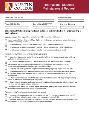 Fillable Online austincollege International Students Reinstatement ...