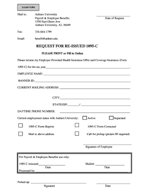 Fillable Online auburn REQUEST FOR RE-ISSUED 1095-C - auburnedu Fax Email Print - pdfFiller
