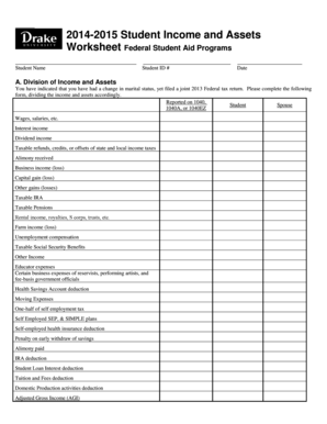 Fillable Online drake 2014-2015 Student Income and Assets Worksheet ...