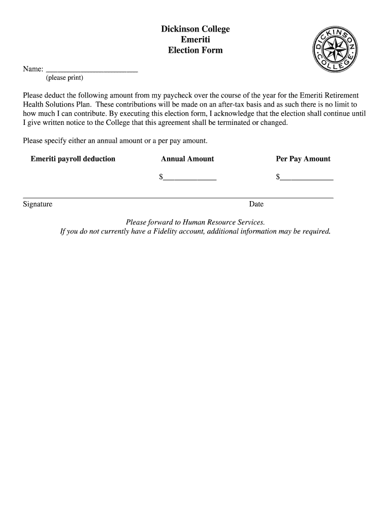 Fillable Online dickinson Dickinson College Emeriti Election Form Fax ...