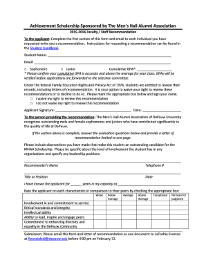 Fillable Online depauw Achievement Scholarship Sponsored by The Mens Hall Alumni Association ...