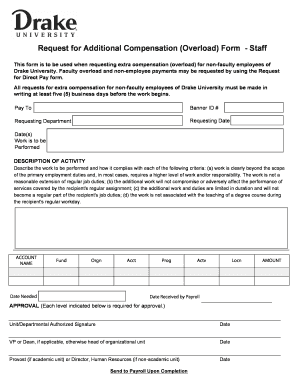 Fillable Online drake Request for Additional Compensation Overload Form ...