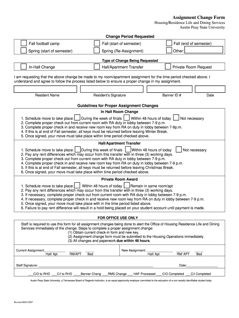 Fillable Online apsu Assignment Change Form HousingResidence Life and ...