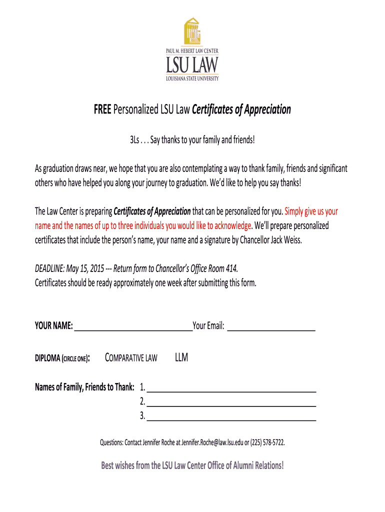 Fillable Online FREE Personalized LSU Law Certificates of Appreciation ...