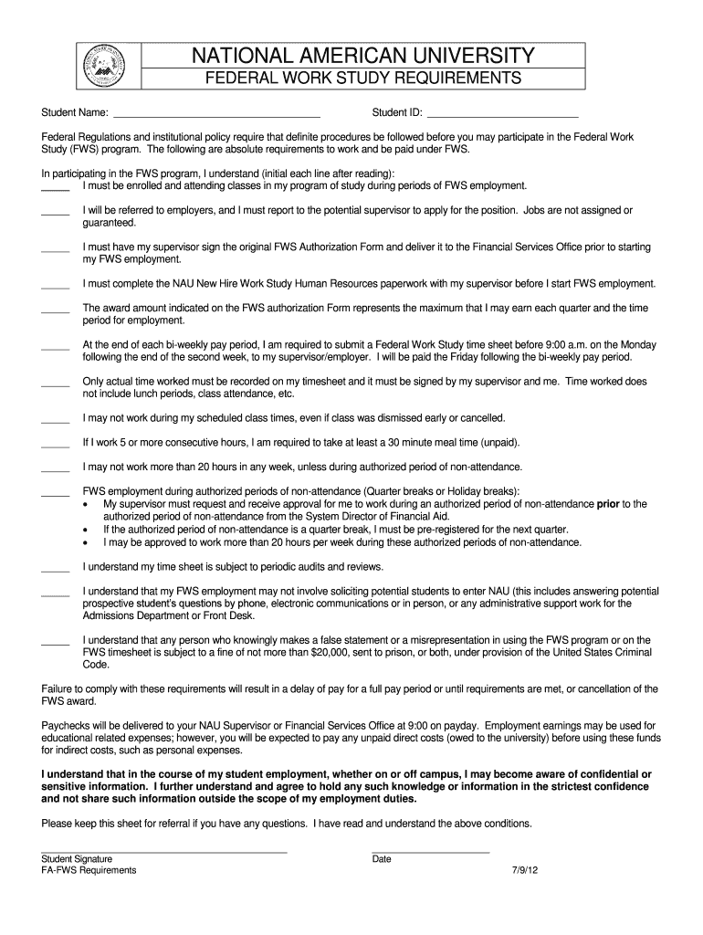 Fillable Online national FEDERAL WORK STUDY REQUIREMENTS - national Fax ...