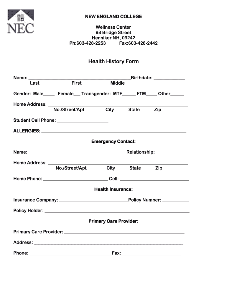 Fillable Online nec Health History Form - New England College Fax Email ...