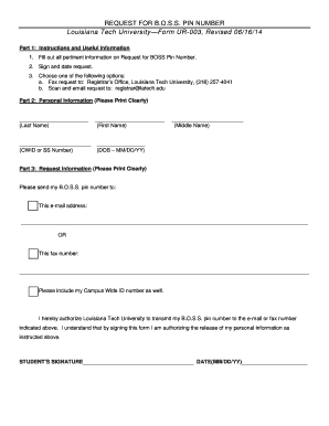 Fillable Online latech BOSS PIN REQUEST FORM Fax Email Print - pdfFiller