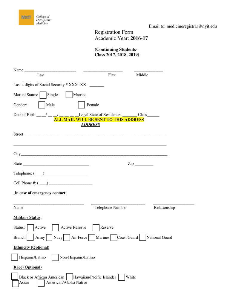 Fillable Online Email to medicineregistrarnyitedu Registration Form Fax ...