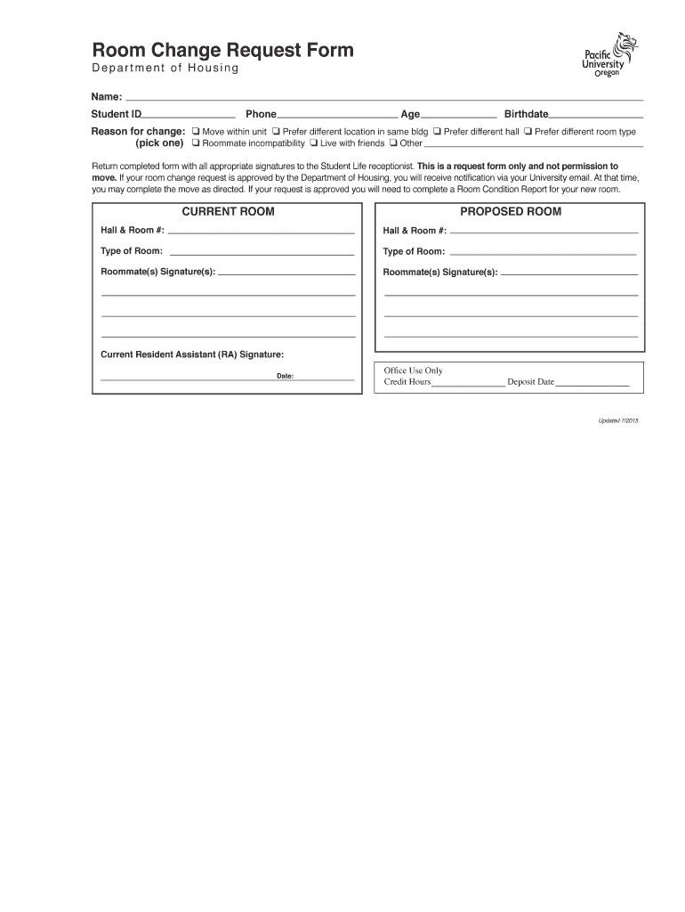 Fillable Online pacificu Room Change Request Form - Pacific University Fax Email Print - pdfFiller