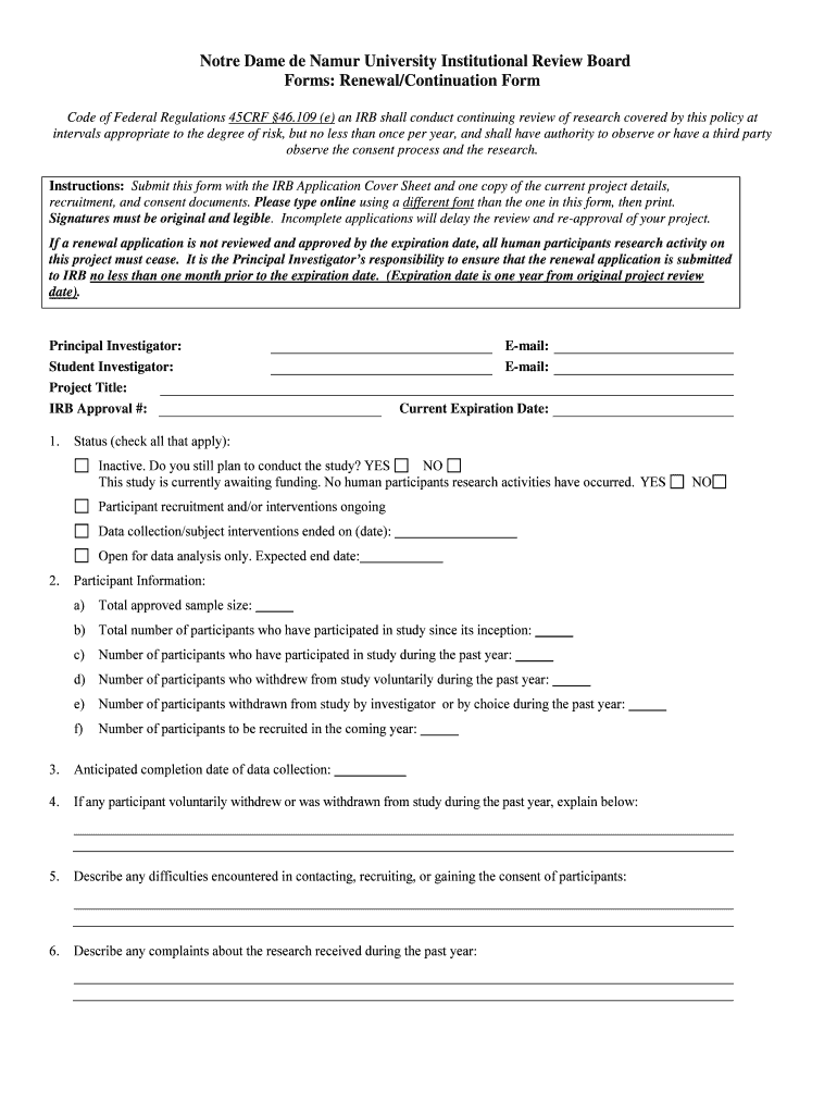 Fillable Online ndnu Notre Dame de Namur University Institutional Review Board Fax Email Print ...