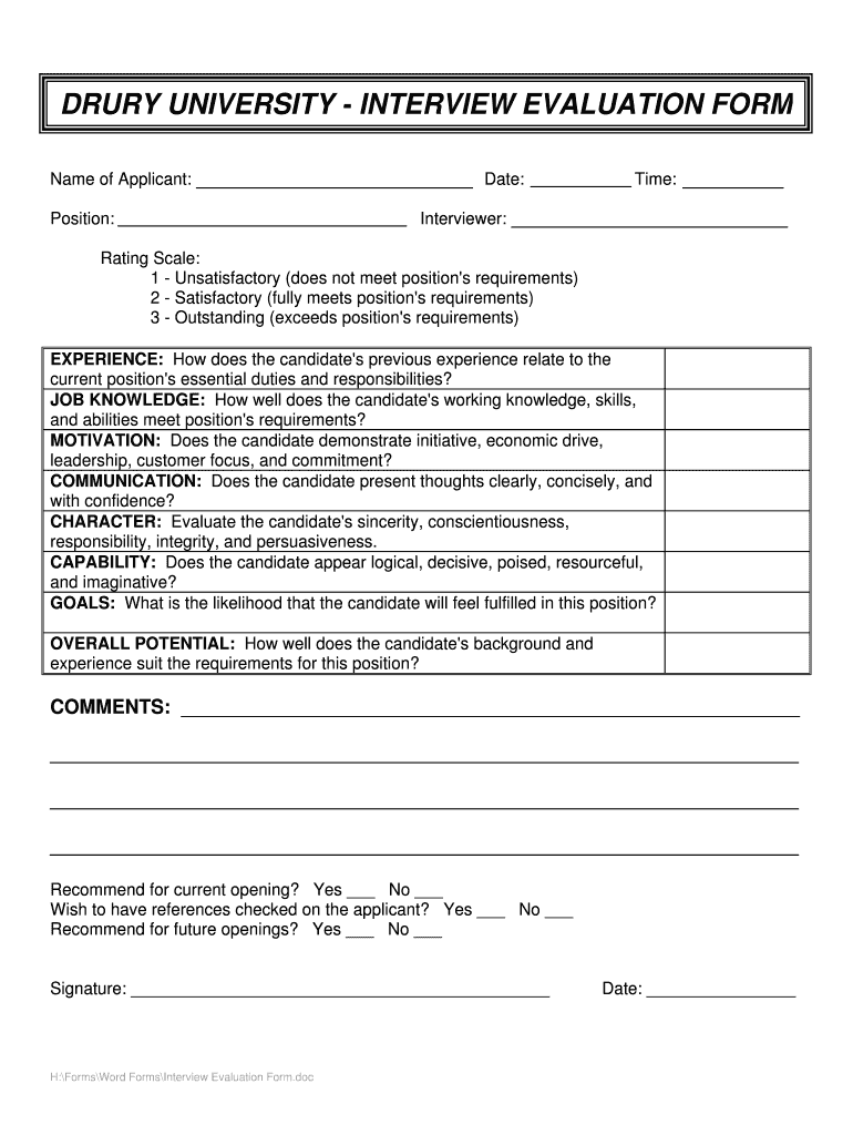 Fillable Online drury Interview Evaluation Form - Drury University Fax ...