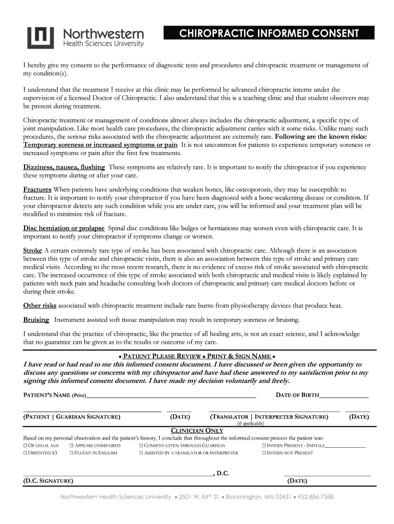 Fillable Online nwhealth CHIROPRACTIC INFORMED CONSENT - nwhealth Fax Email Print - pdfFiller