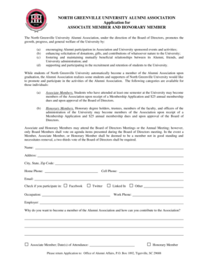 Fillable Online ngu NORTH GREENVILLE UNIVERSITY ALUMNI ASSOCIATION Application - ngu Fax Email ...