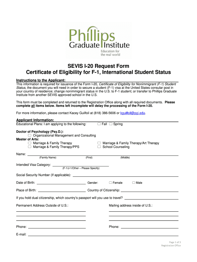 Fillable Online pgi SEVIS I-20 Request Form Certificate of Eligibility ...