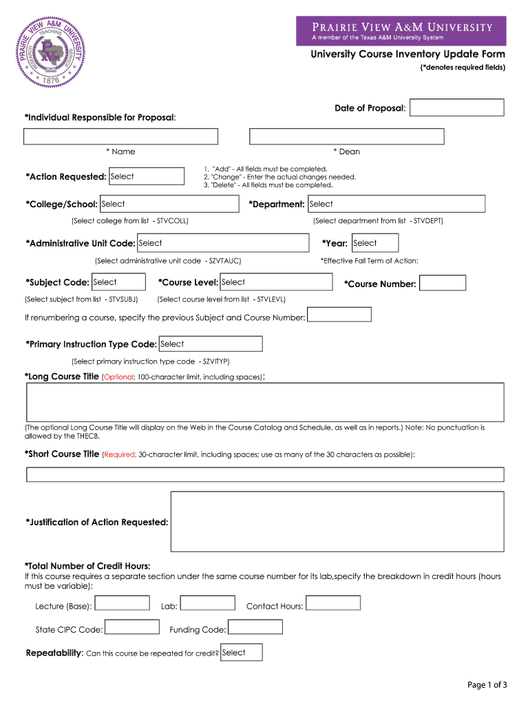Fillable Online pvamu University Course Inventory Update Form Fax Email ...