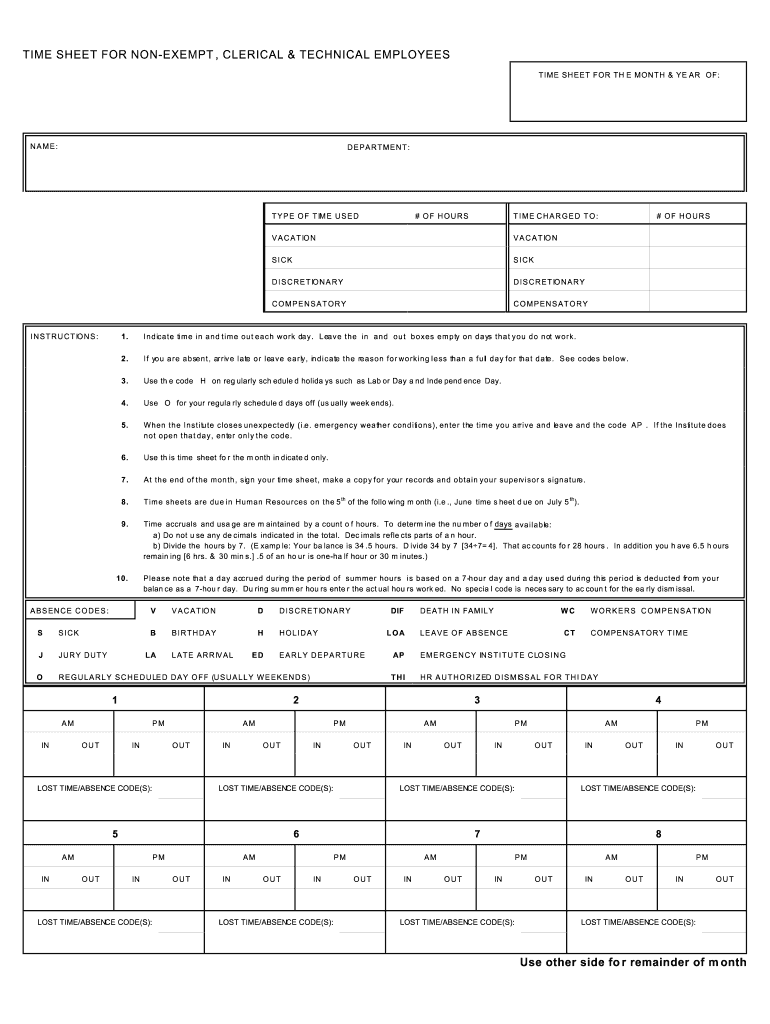 Fillable Online TIME SHEET FOR NON-EXEMPT CLERICAL TECHNICAL EMPLOYEES ...