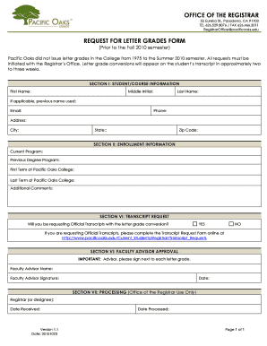 Fillable Online pacificoaks REQUEST FOR LETTER GRADES FORM - Pacific ...