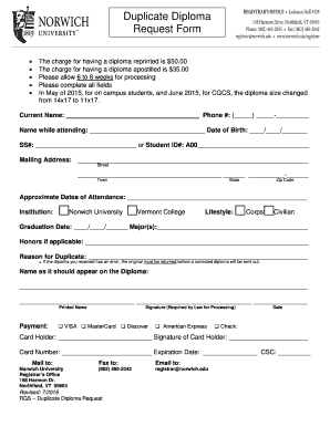 Fillable Online norwich Duplicate Diploma Request Form - Norwich University Fax Email Print ...
