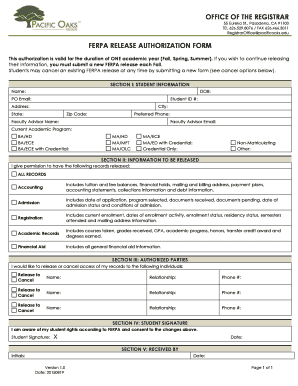 Fillable Online pacificoaks FERPA RELEASE AUTHORIZATION FORM - Pacific ...