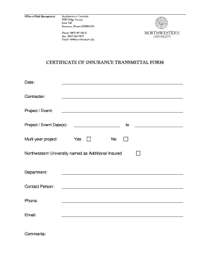 Fillable Online northwestern CERTIFICATE OF INSURANCE TRANSMITTAL FORM ...