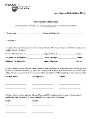 Fillable Online lv psu New Student Orientation 2015 - Penn State Lehigh ...