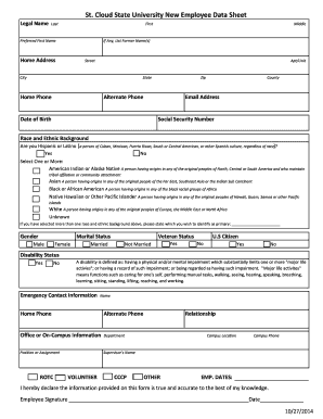 Fillable Online stcloudstate St Cloud State University New Employee Data Sheet Fax Email Print ...