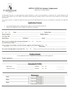 Fillable Online sbu APPLICATION for Summer Employment Application ...
