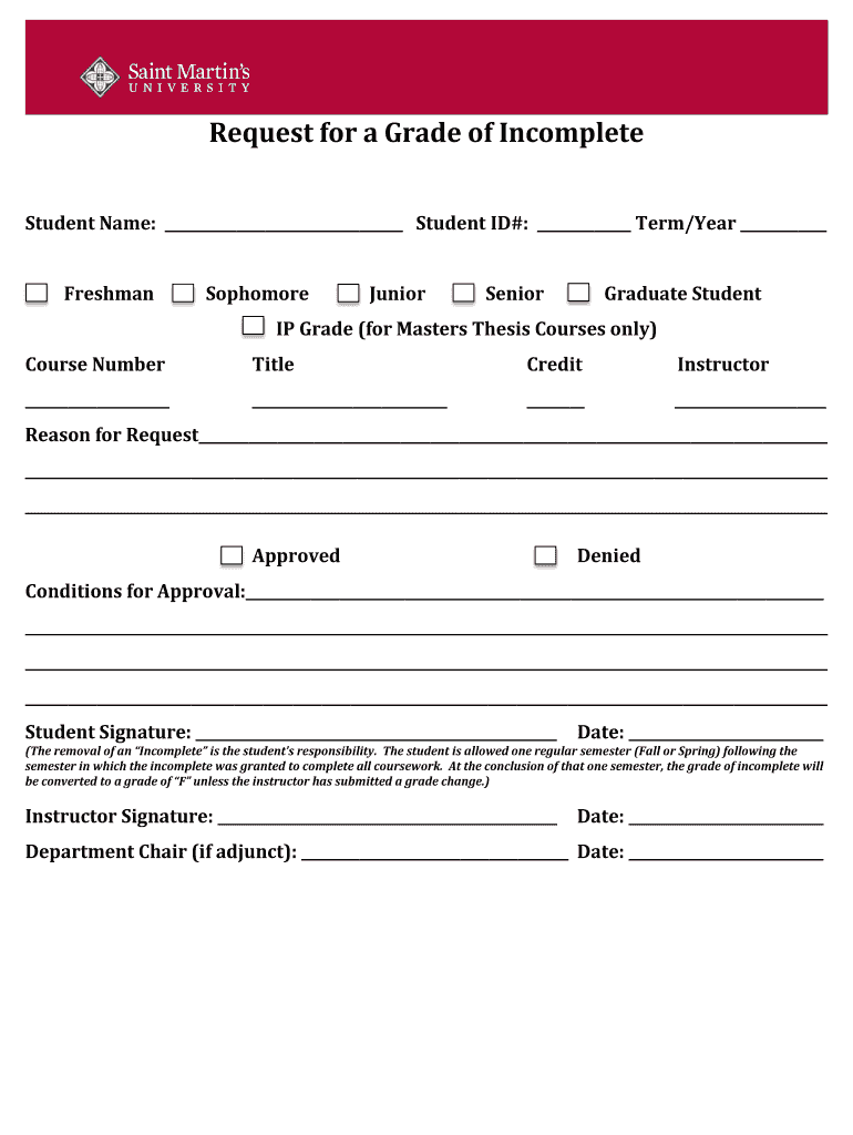 Fillable Online stmartin Request for a Grade of Incomplete - Saint Martins University Fax Email ...