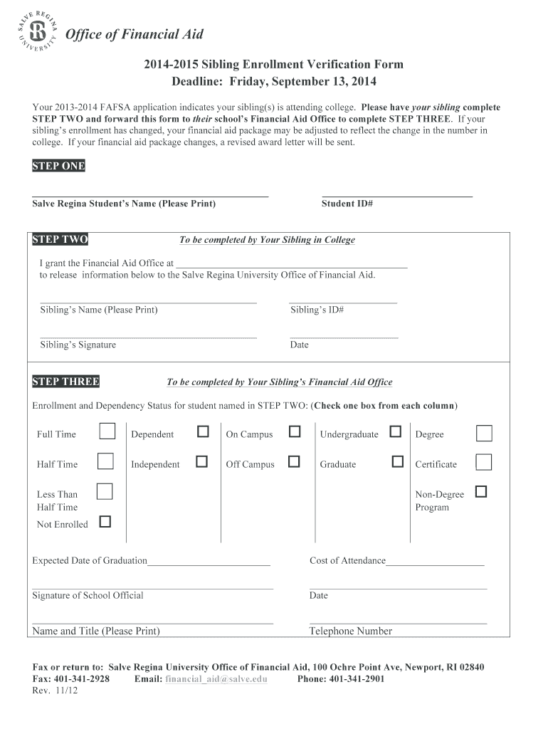 Fillable Online 2014-2015 Sibling Enrollment Verification Form.docx Fax ...