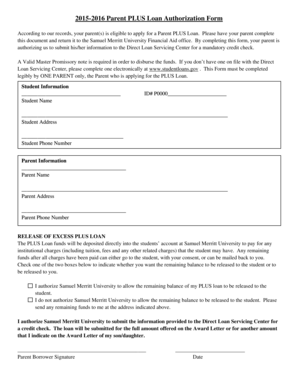 Fillable Online samuelmerritt 15-16 Parent Plus Loan Authorization ...