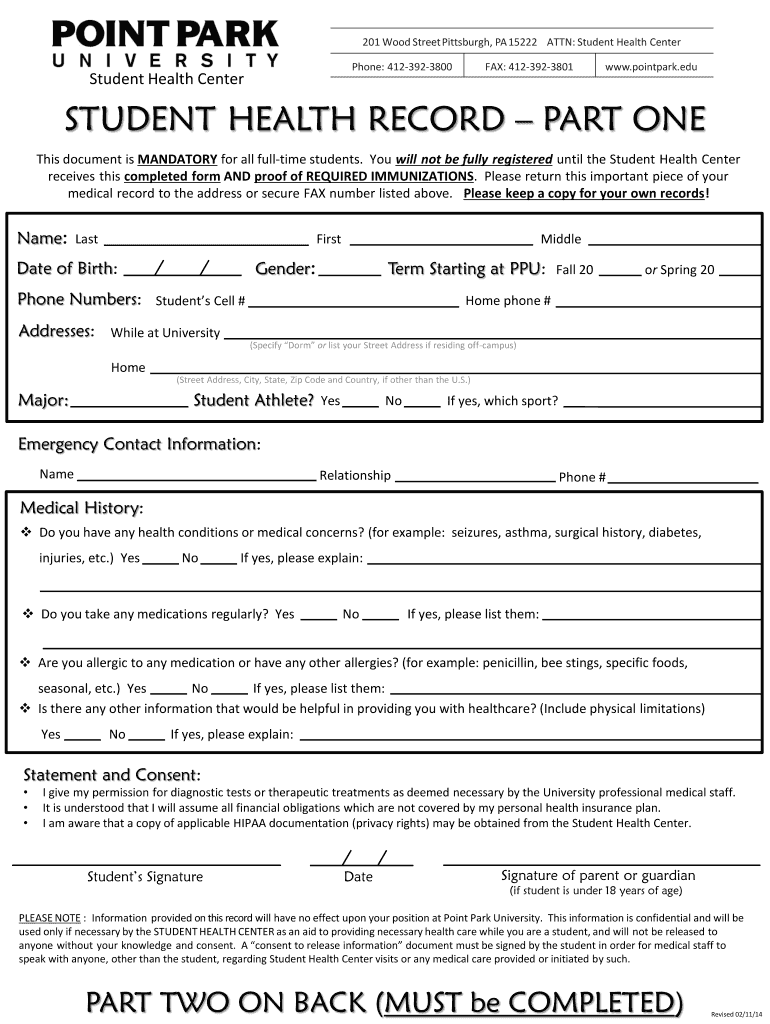 Fillable Online pointpark Student Health Center STUDENT HEALTH RECORD ...