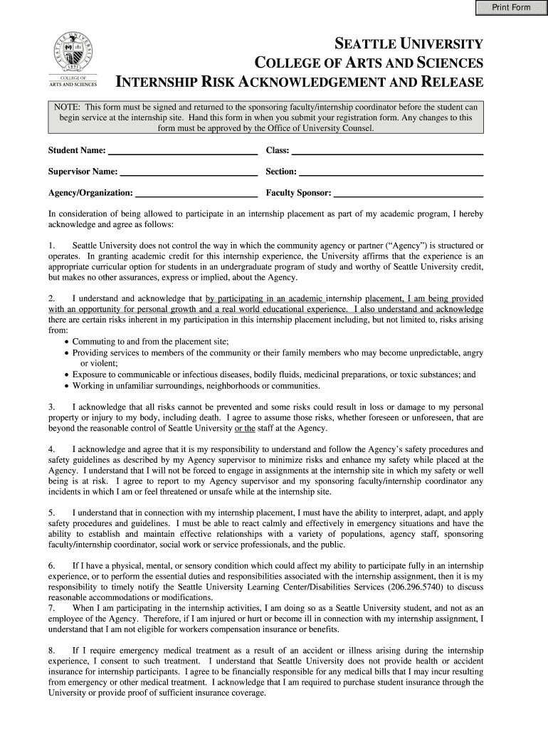 Fillable Online seattleu ASC INTERNSHIP RISK ACKNOWLEDGEMENT AND ...