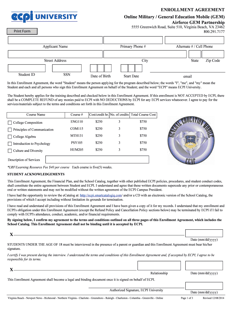 Fillable Online ENROLLMENT AGREEMENT Online Military - ECPI University ...
