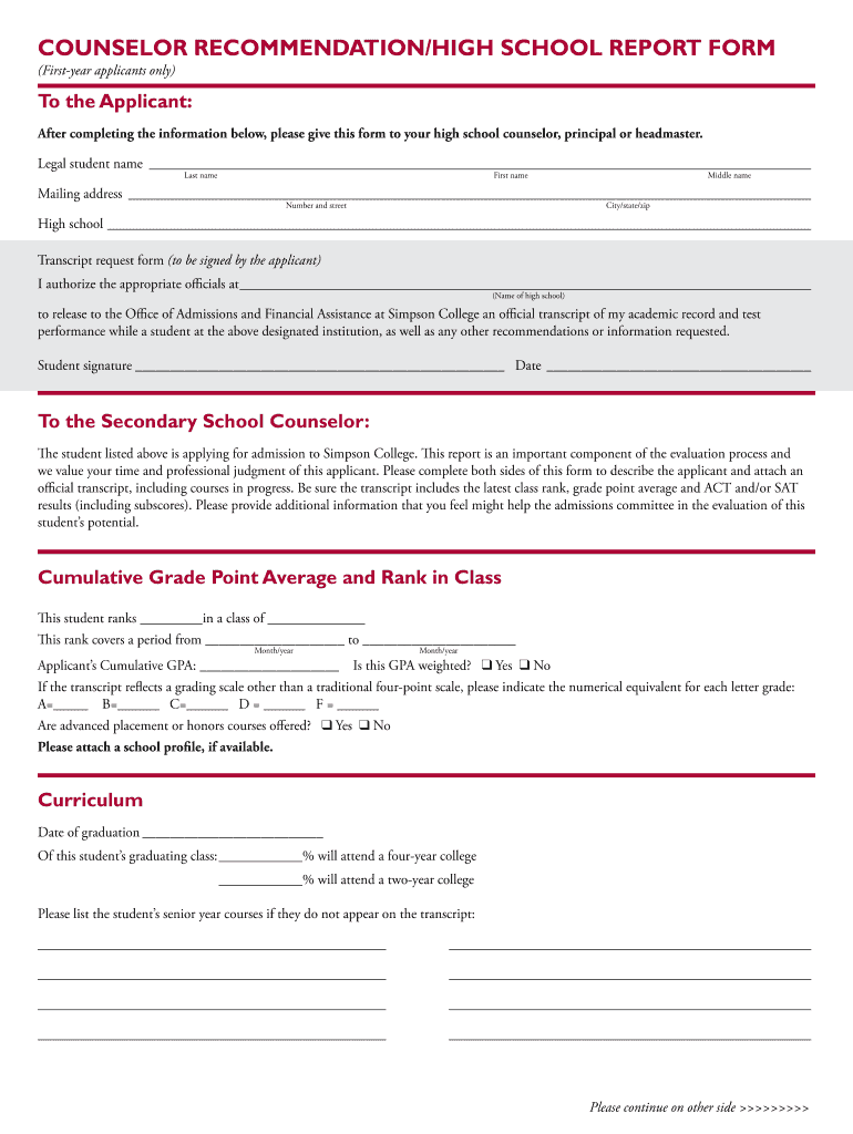 Fillable Online simpson COUNSELOR RECOMMENDATIONHIGH SCHOOL REPORT FORM - simpson Fax Email ...