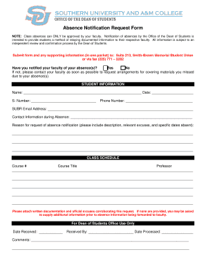 Fillable Online subr Absence Notification Request Form - subredu Fax ...
