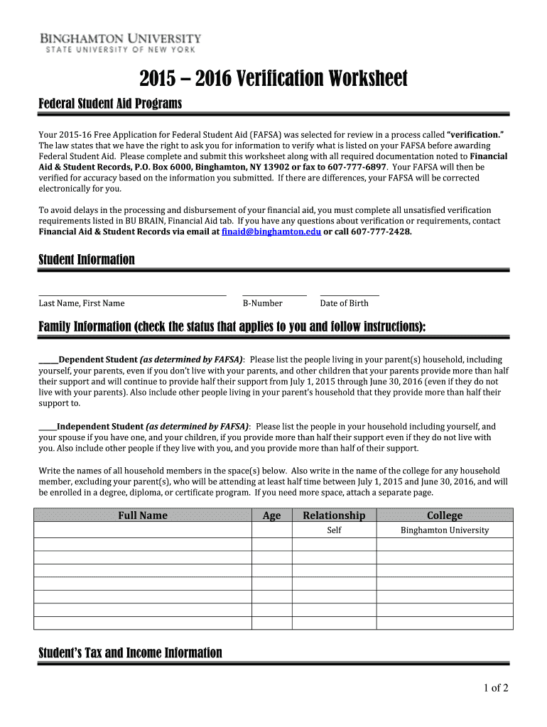 Fillable Online binghamton Verification Worksheet.docx - binghamton Fax ...