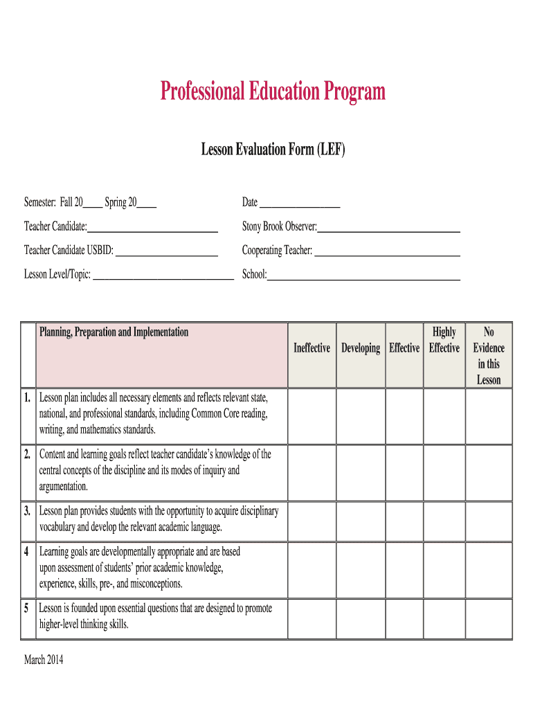 Fillable Online stonybrook Lesson Evaluation Form (LEF) - stonybrook ...