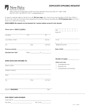 Fillable Online newpaltz DUPLICATE DIPLOMA REQUEST - State University of New York Fax Email ...