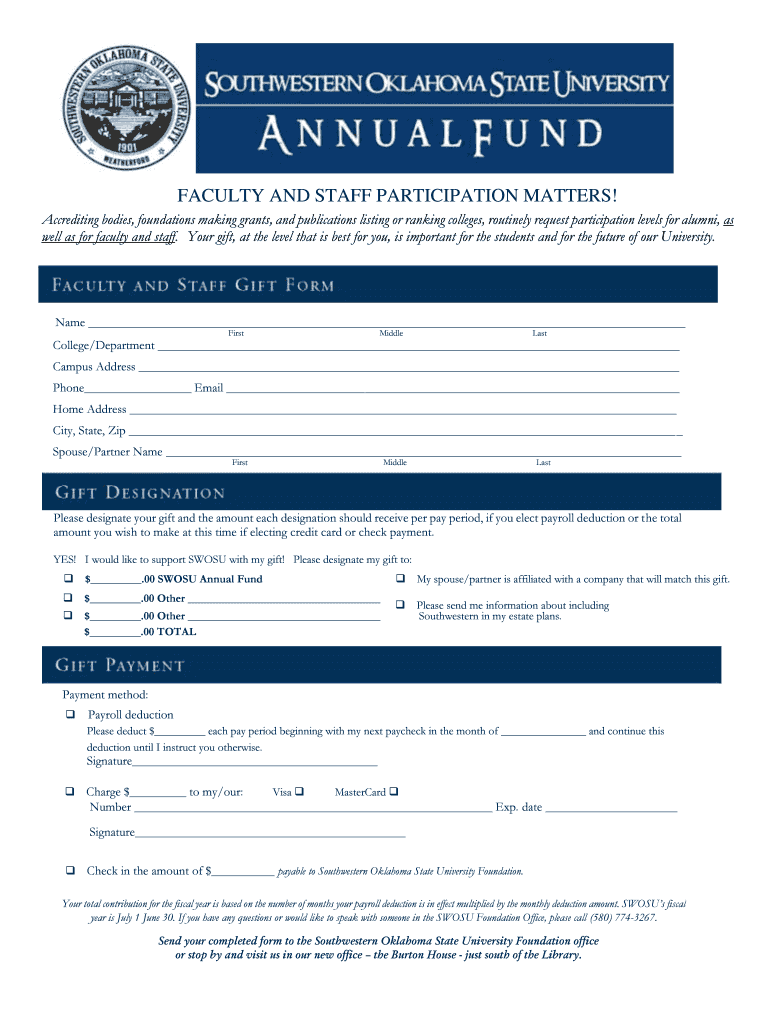 Fillable Online swosu FACULTY AND STAFF PARTICIPATION MATTERS Fax Email ...