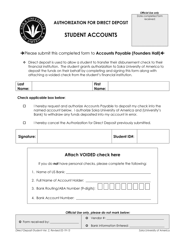 Fillable Online soka DIRECT DEPOSIT AUTHORIZATION-Students Fax Email Print - pdfFiller