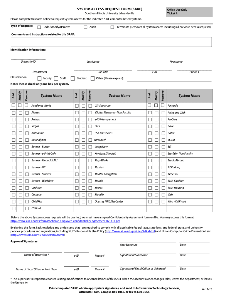 Fillable Online siue SYSTEM ACCESS REQUEST FORM SARF Office Use Only ...