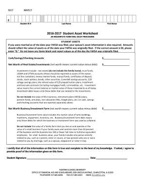 Fillable Online eiu 2016-2017 Student Asset Worksheet - eiuedu Fax ...
