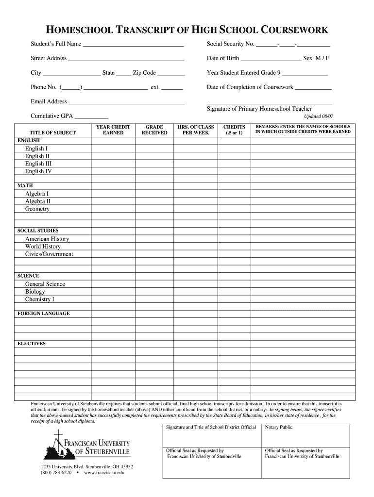 Fillable Online franciscan HOMESCHOOL TRANSCRIPT OF HIGH SCHOOL COURSEWORK Fax Email Print ...