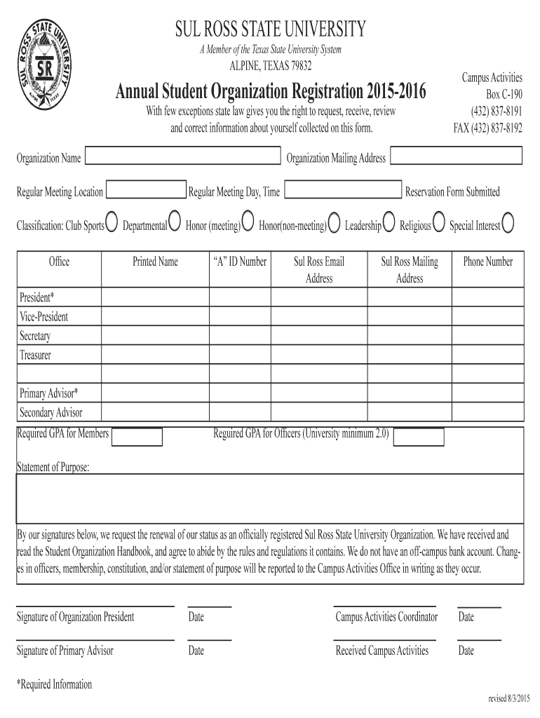 Fillable Online Annual Student Organization Registration Instructions ...