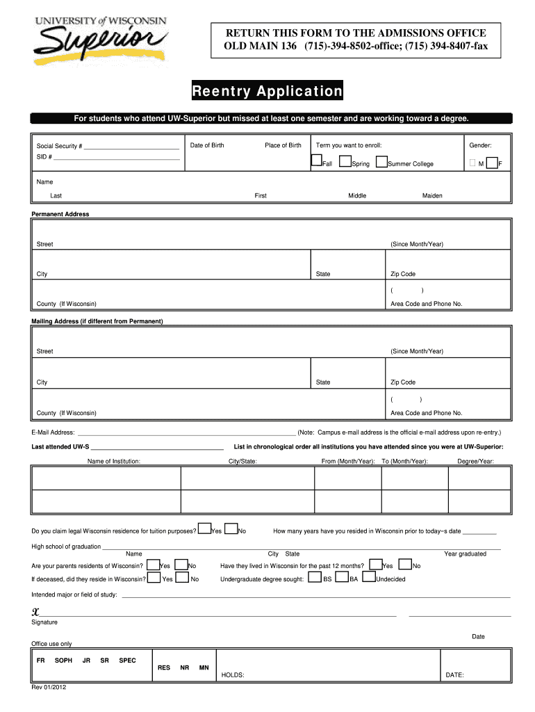 Fillable Online uwsuper Re-Entry-Application-with-Admission-Info-on-top ...