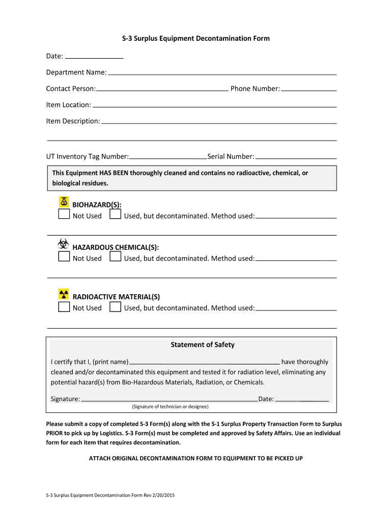 Fillable Online uthsc S-3 Surplus Equipment Decontamination Form Fax ...