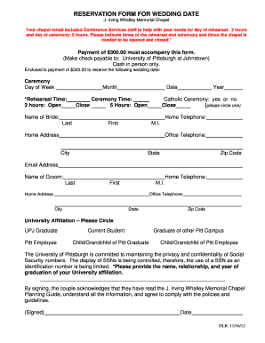 Fillable Online upj pitt RESERVATION FORM FOR WEDDING DATE - upj pitt ...